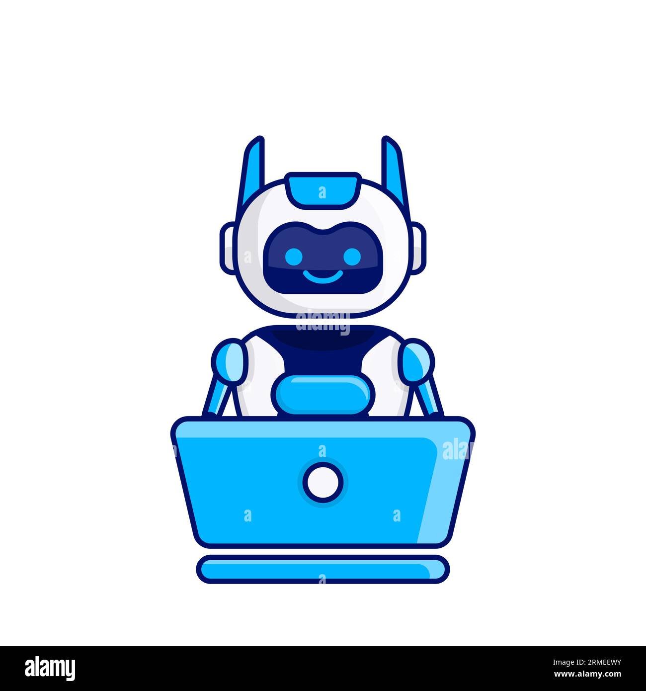 Robot character work with laptop vector illustration. Cute Cartoon ...