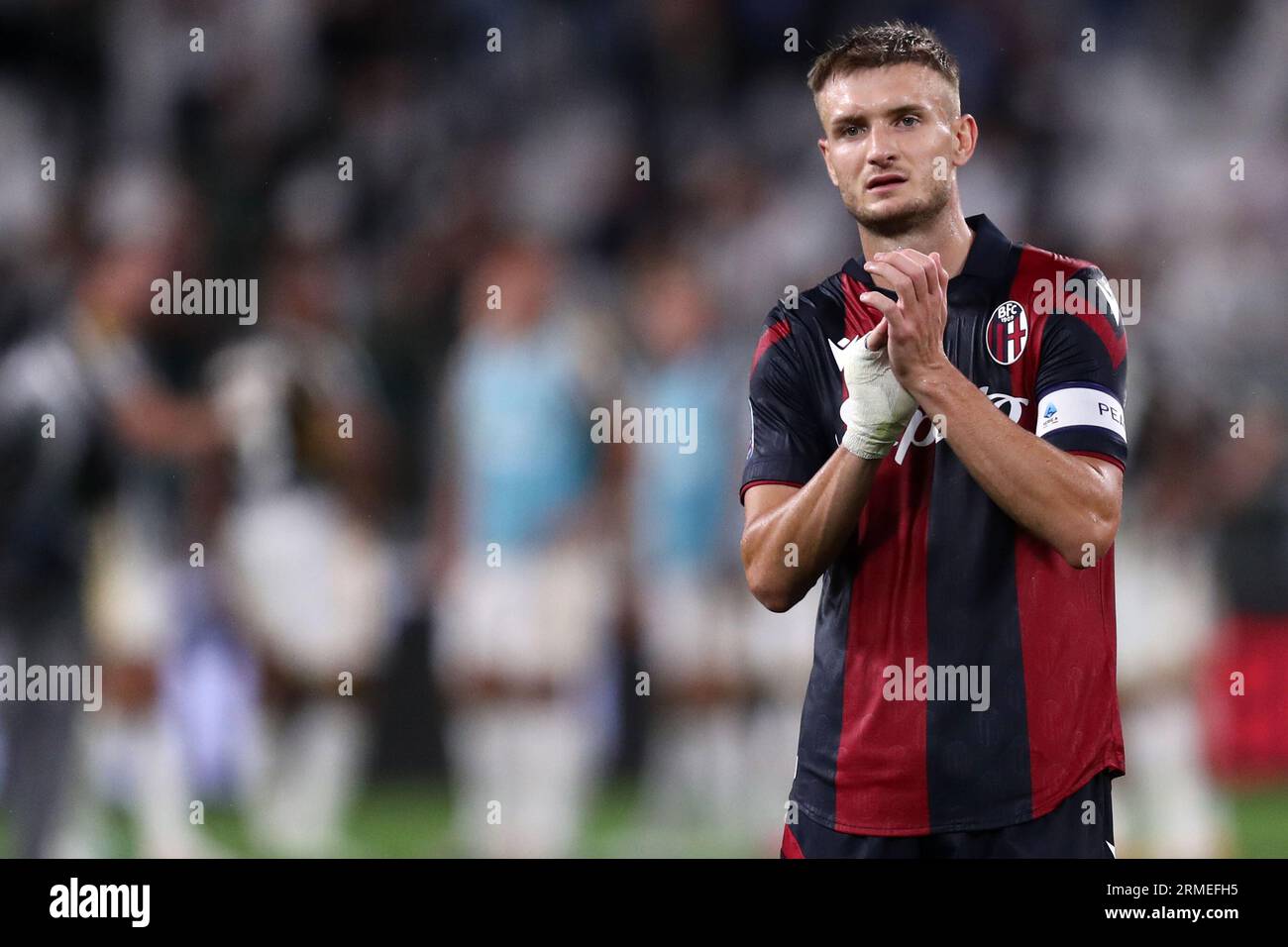 Torino, Italy. 27th Aug, 2023. Stefan Posch of Bologna Fc gestures ...
