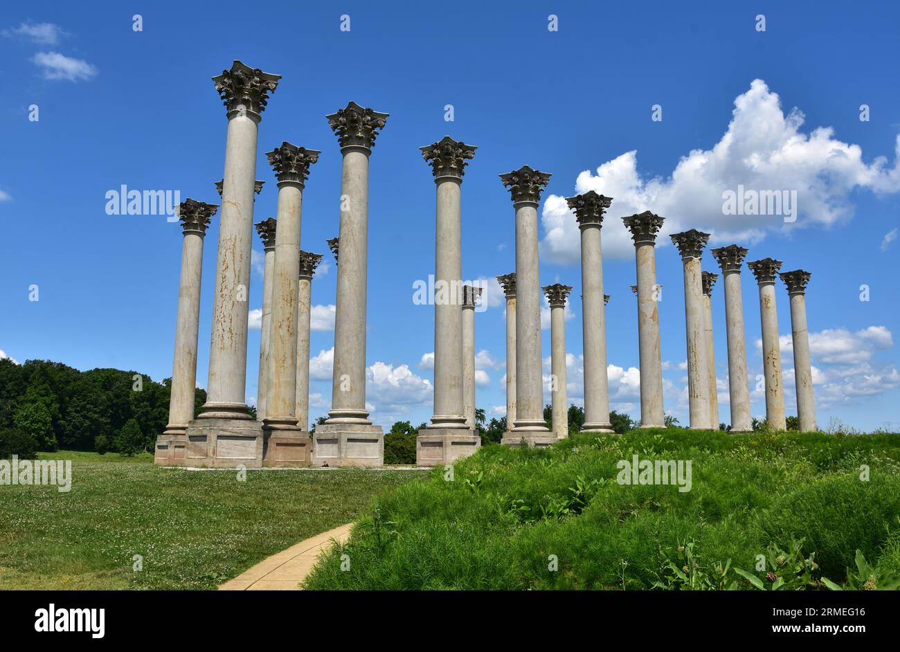 Architectural pillars at the arboretum in the spring time Stock Photo ...