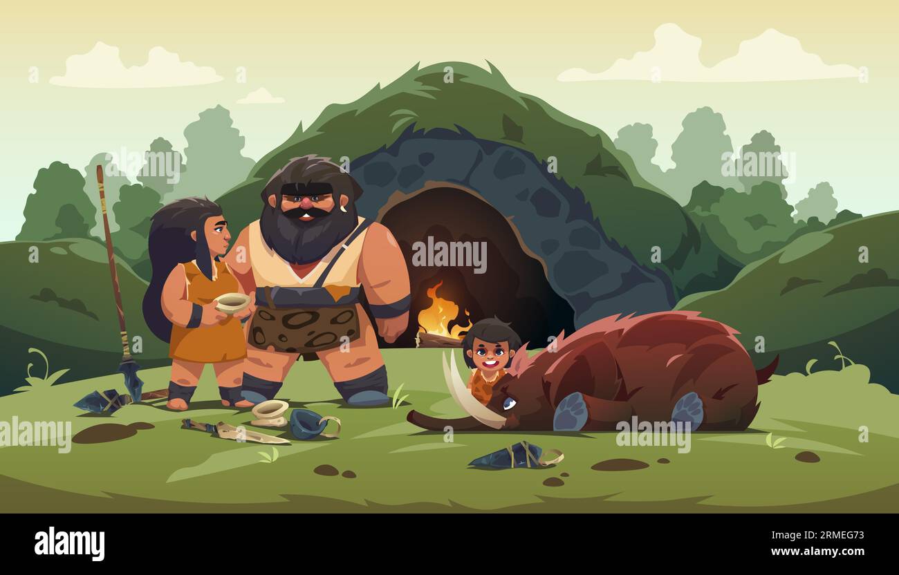 Prehistoric tribe. Cartoon primitive man and woman characters with ...