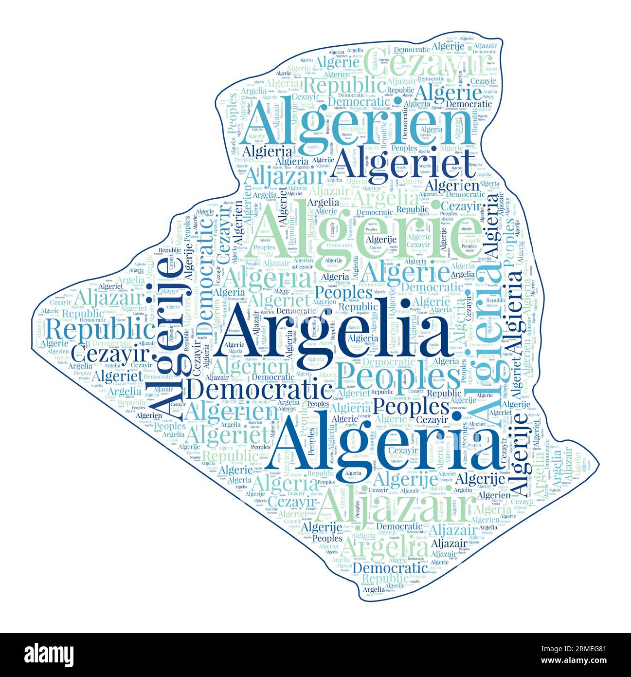 Algeria shape filled with country name in many languages. Algeria map ...