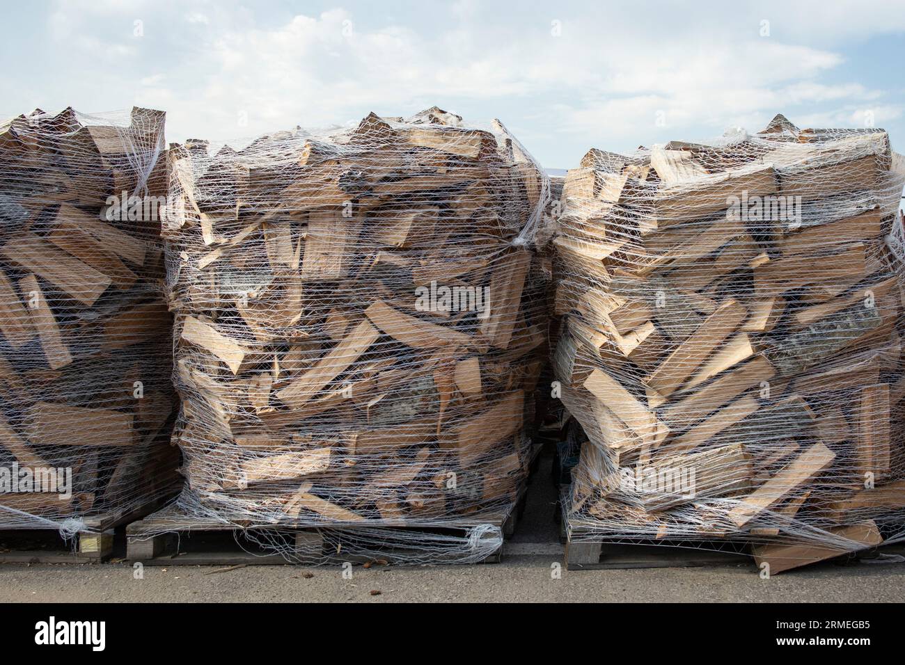 Packed stacks in net bags full of fire wood laying on palettes, drying ...