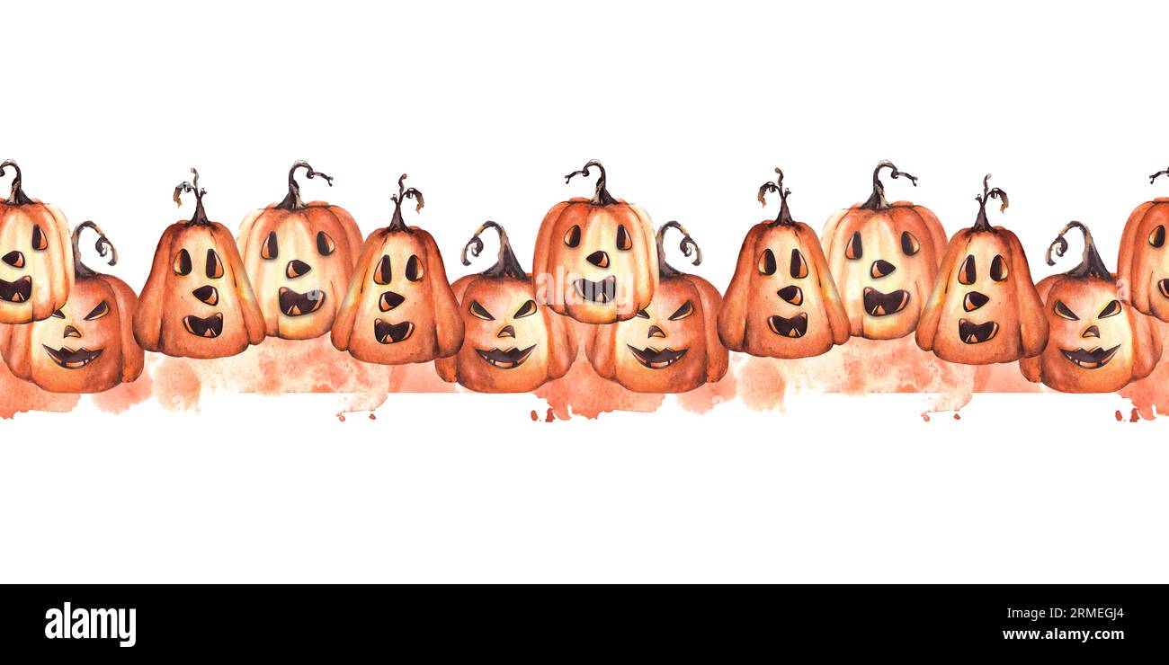 Smiling pumpkins. halloween face, eyes, nose, stem Watercolor seamless ...