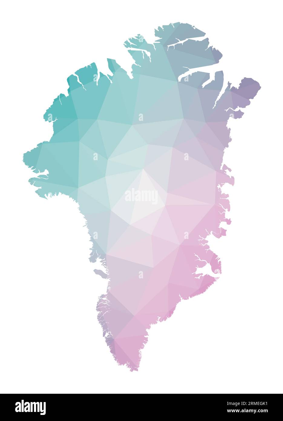 Polygonal map of Greenland. Geometric illustration of the country in emerald amethyst colors ...