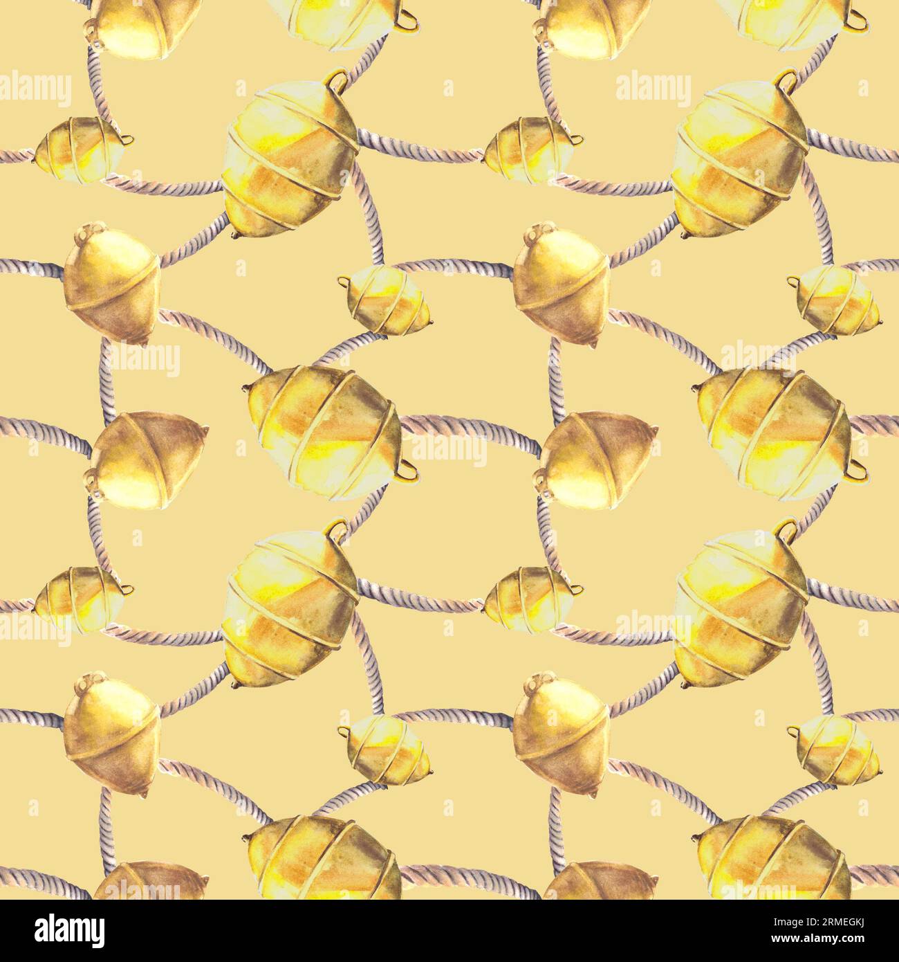 Nautical seamless pattern Maritime elements Sea yellow buoys with ropes ...