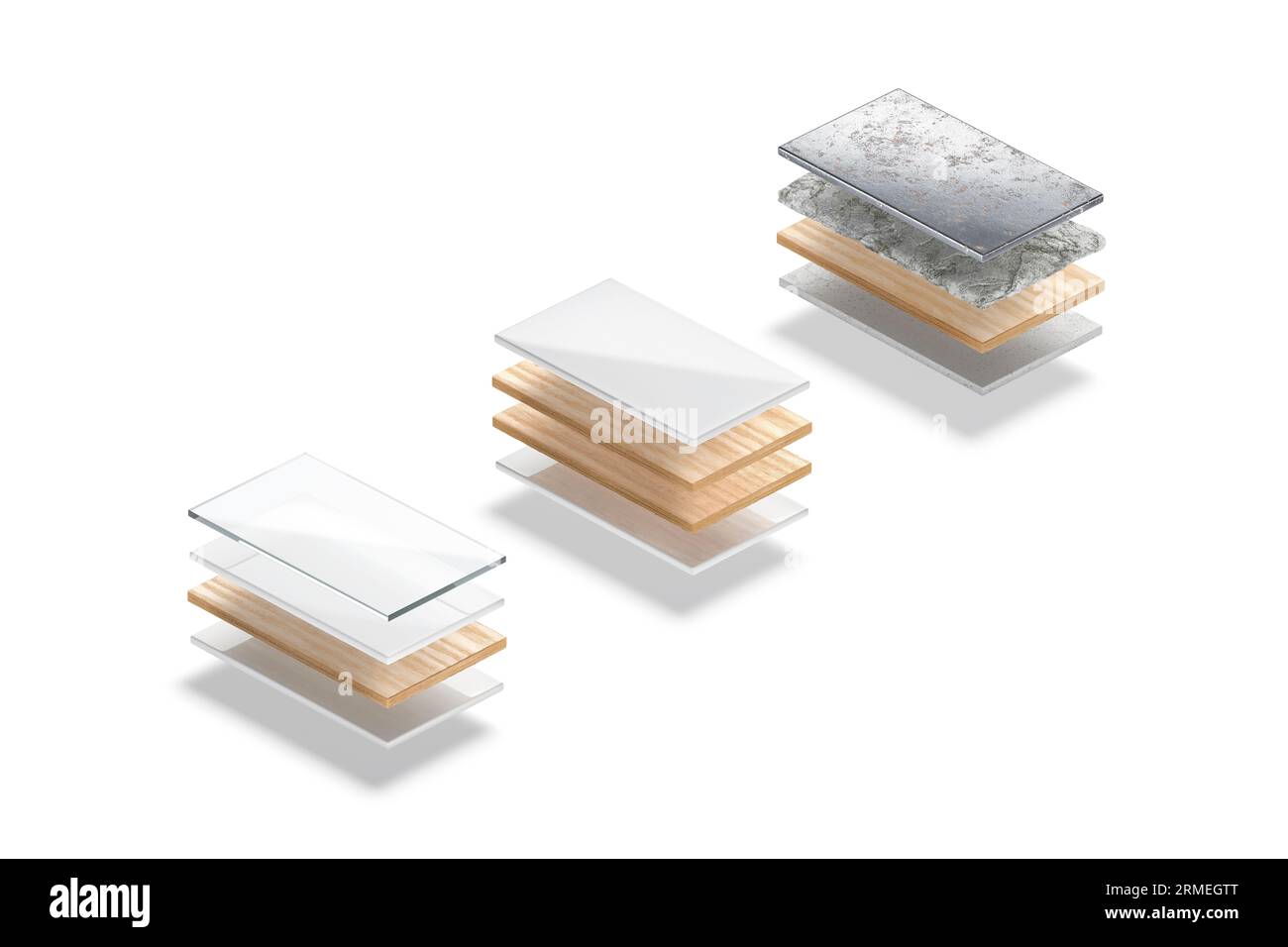Blank metal, wood, glass, stone and concrete material layers mockup ...