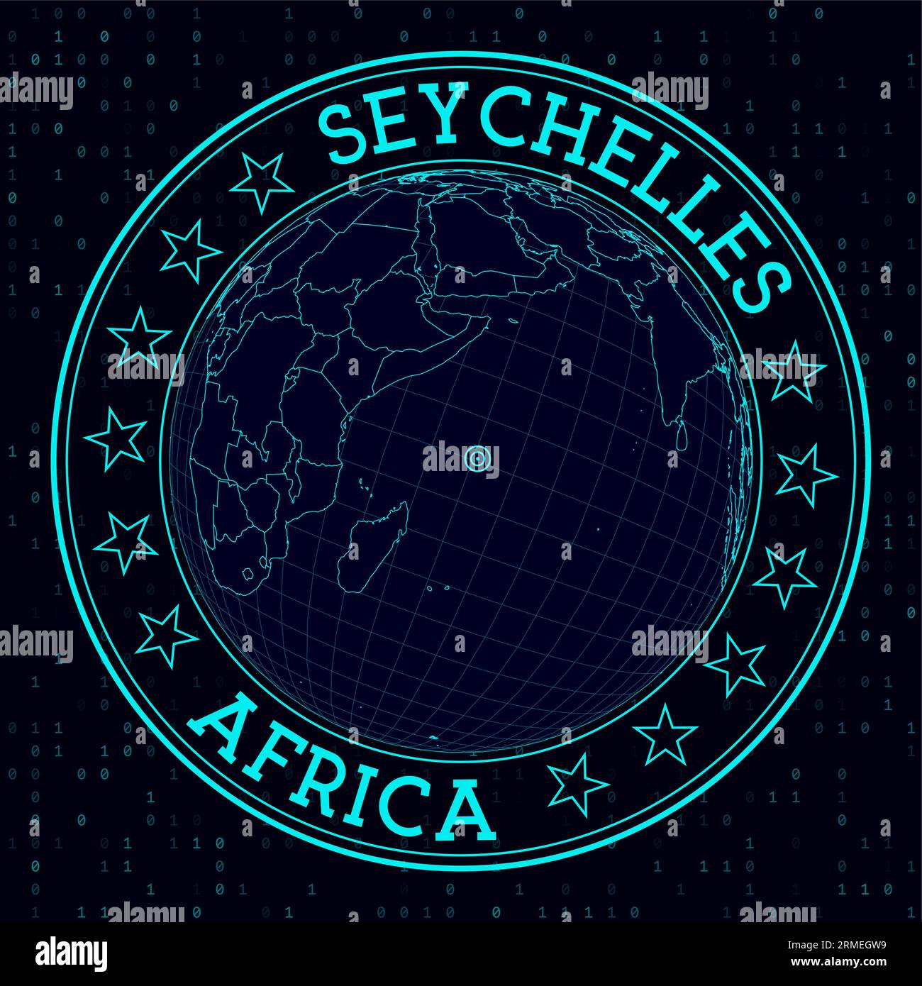 SEYCHELLES round sign. Futuristic satellite view of the world centered ...
