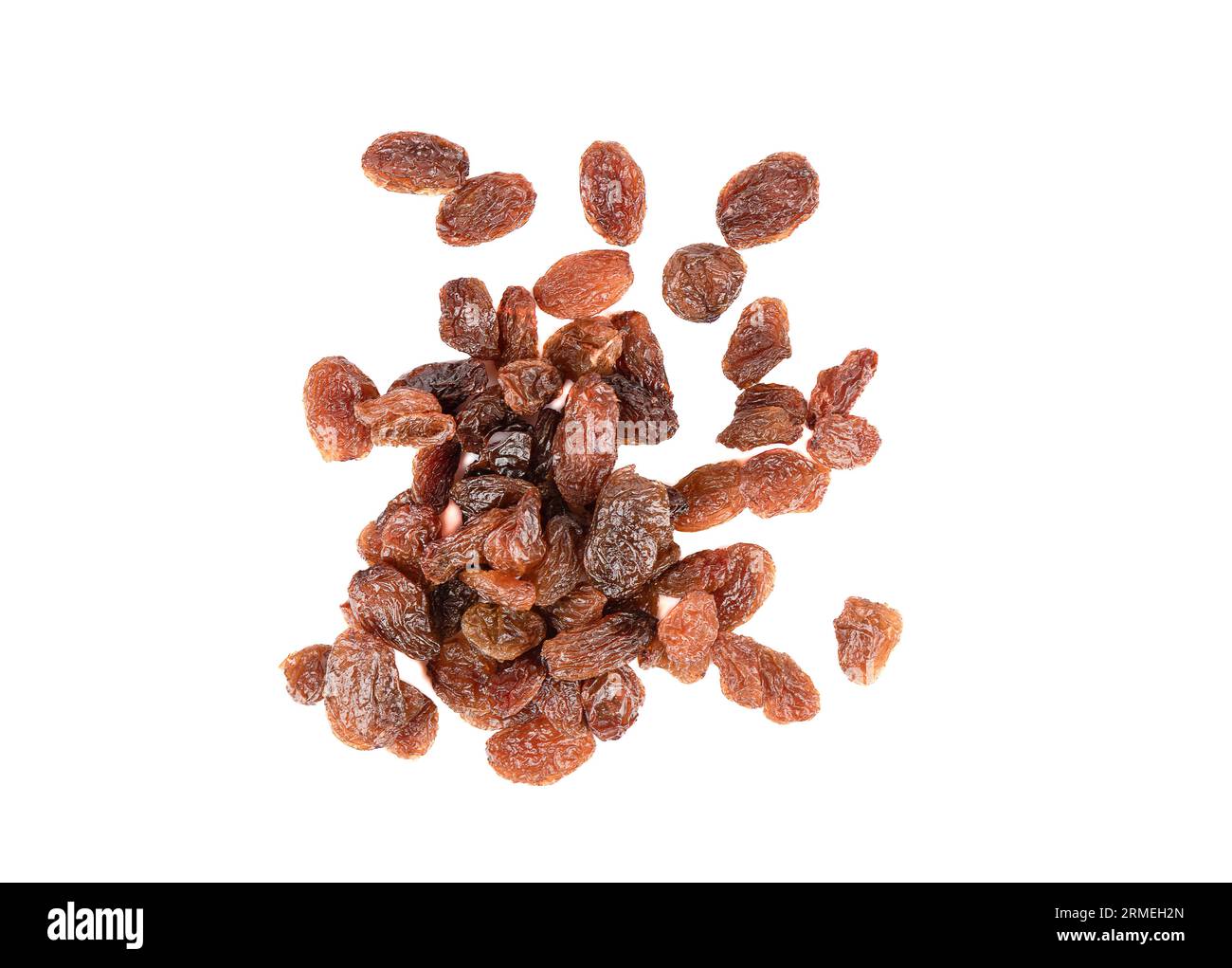 Top view of sweet dehydrated raisins on white background. Copy space ...