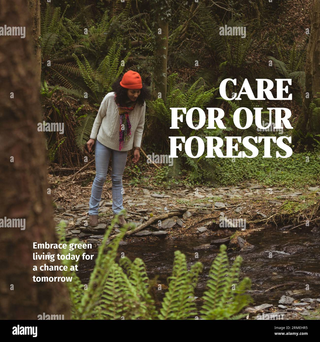 Composite of care for our forests text and biracial woman standing ...