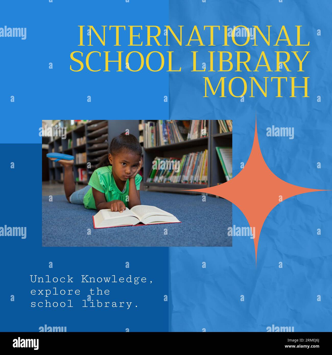 International school library month text and african american girl ...