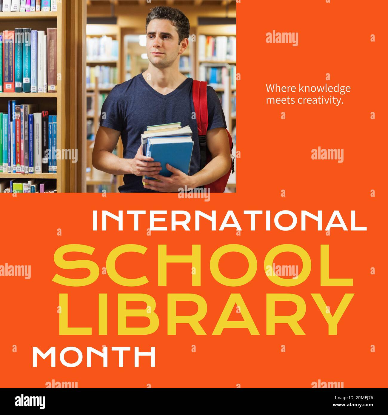 Composite of international school library month text, caucasian man ...