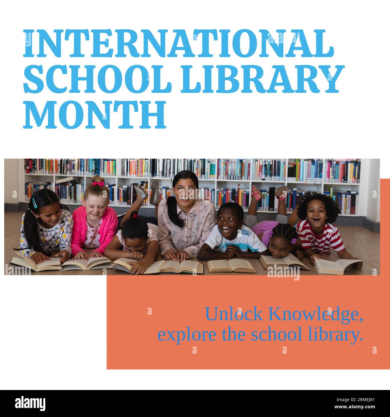 International school library month text and happy diverse teacher with ...