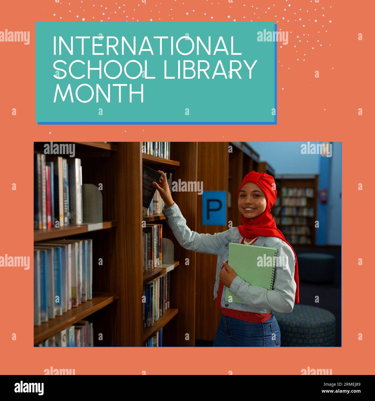 International school library month text and biracial woman in hijab ...