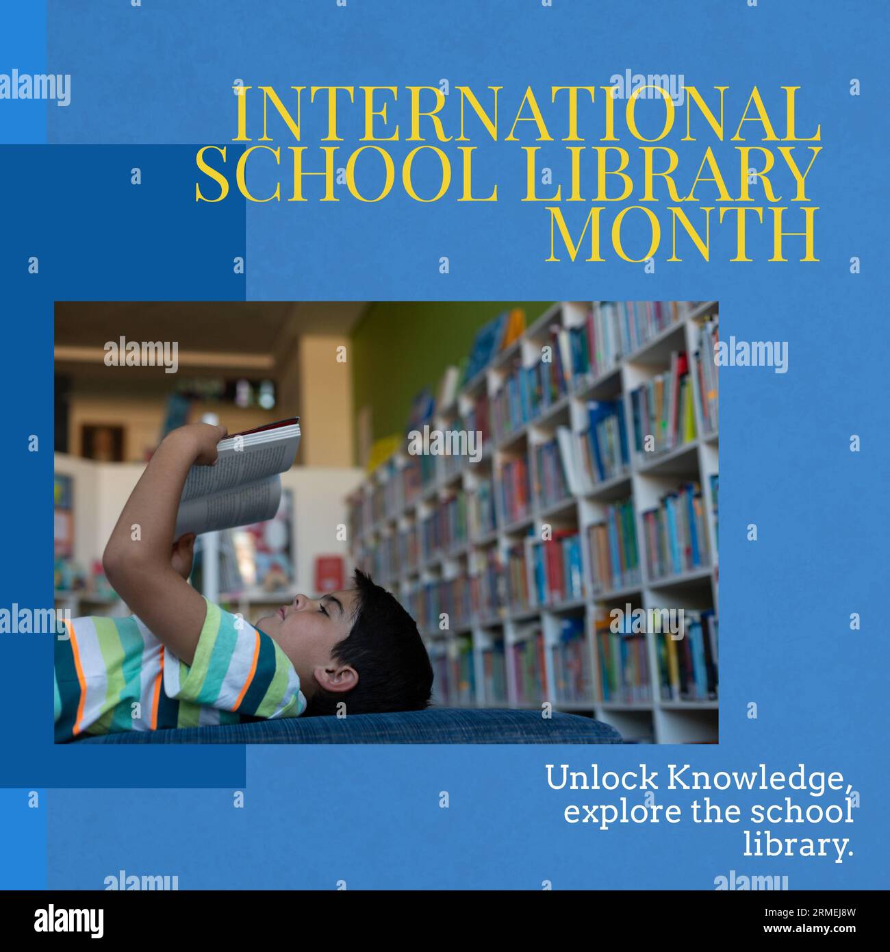 International school library month text and caucasian boy reading book ...