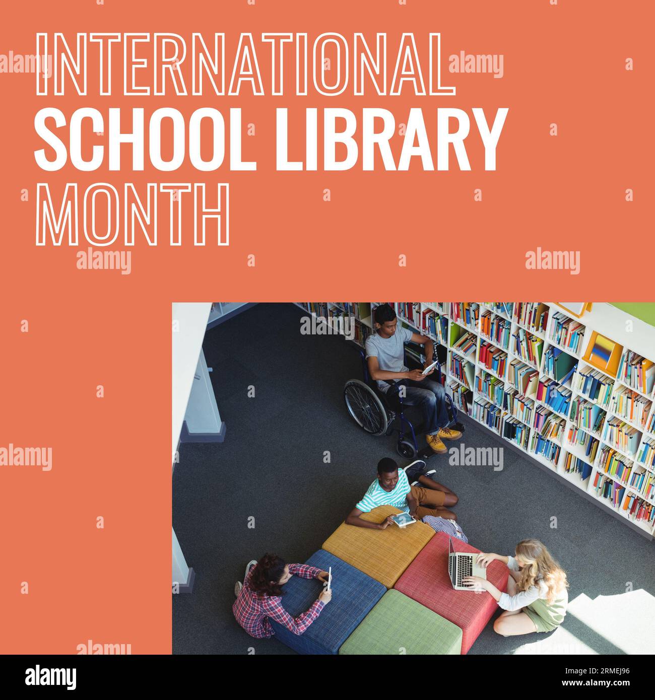 Composite of international school library month text and diverse teen ...