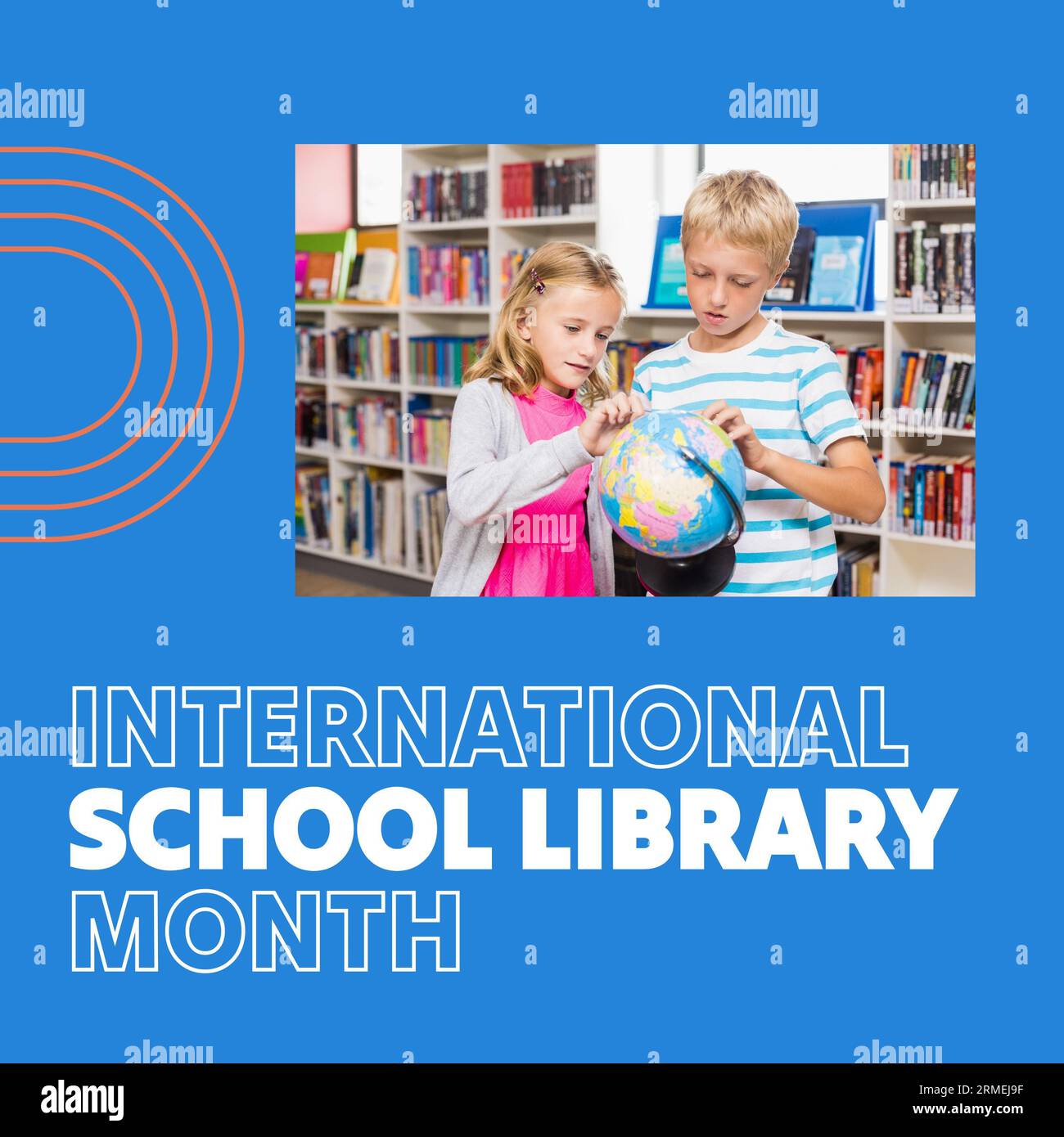 Composite of international school library month text and caucasian boy ...