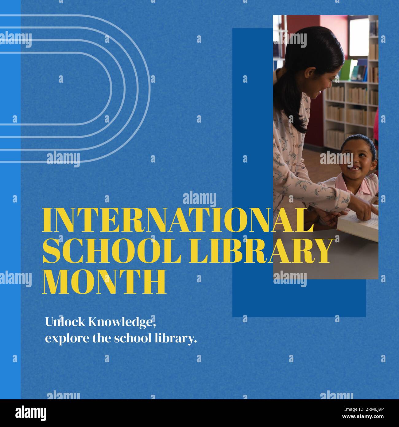 International school library month text and biracial mother assisting ...