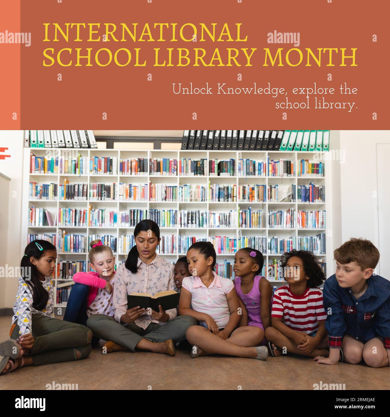 International school library month text, diverse female teacher reading ...