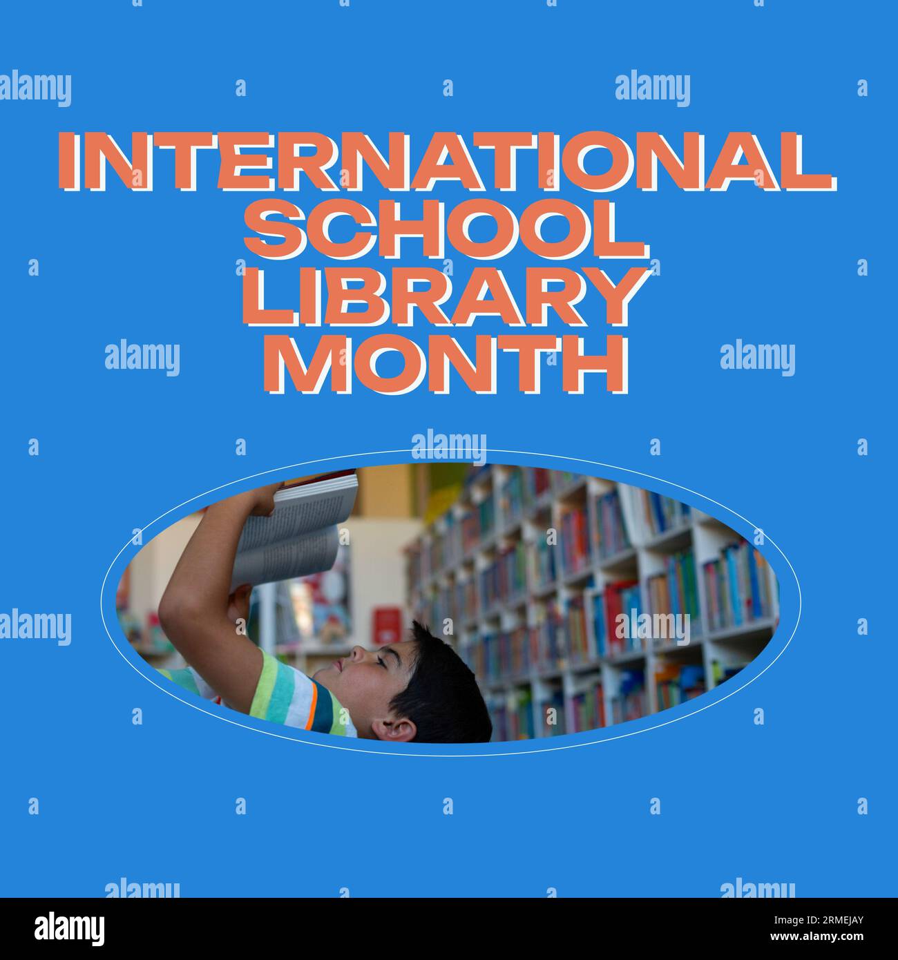 Composite of international school library month text and caucasian boy ...
