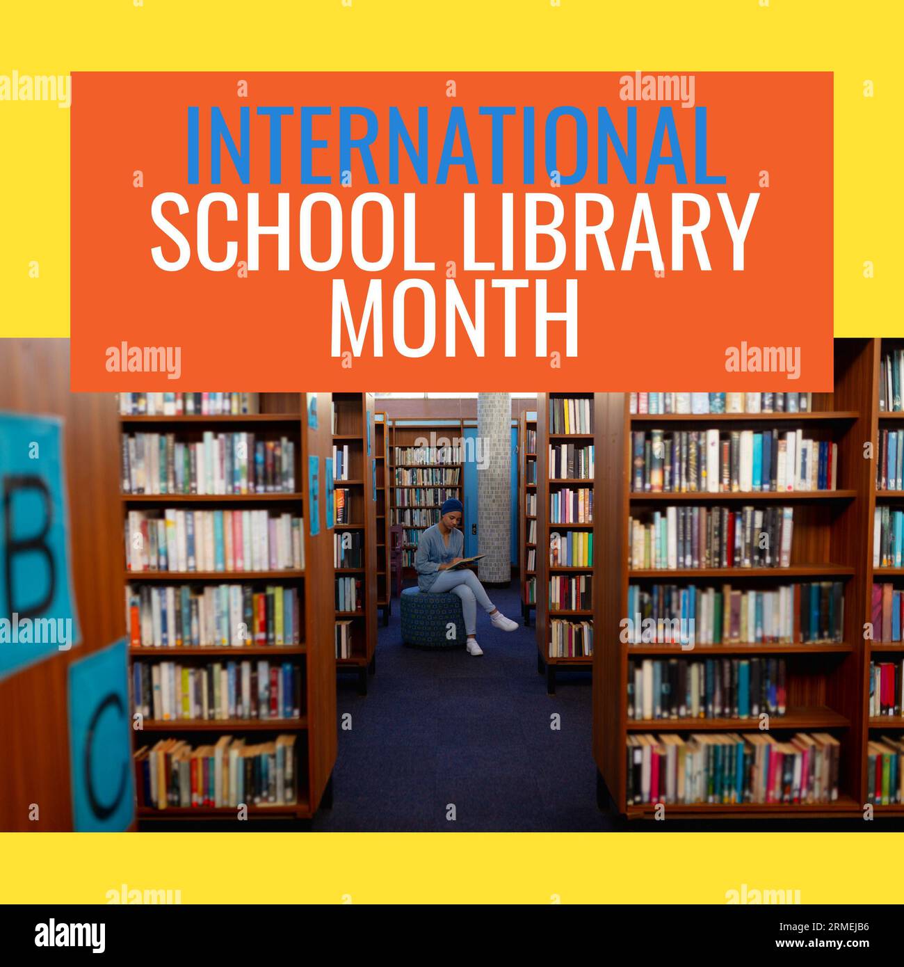 Composite of international school library month text and fullbody of ...