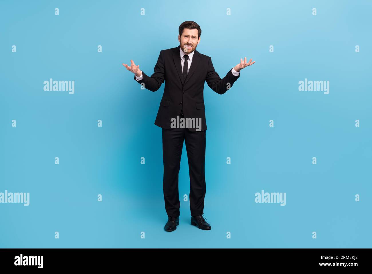 Full body photo of confused businessman shrug shoulders wtf scandal bad ...