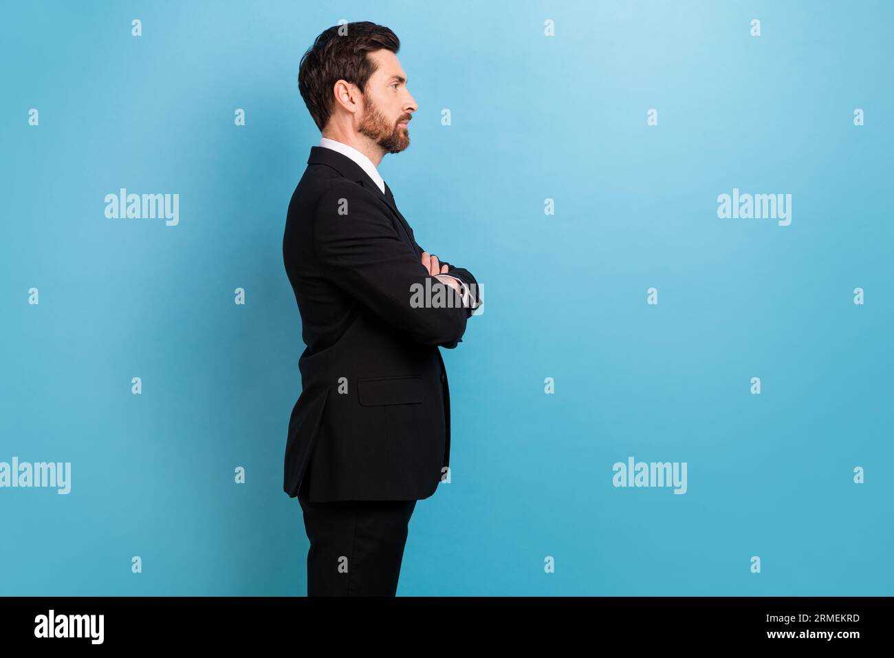 Side profile photo of businessman folded arms wearing trendy elegant ...