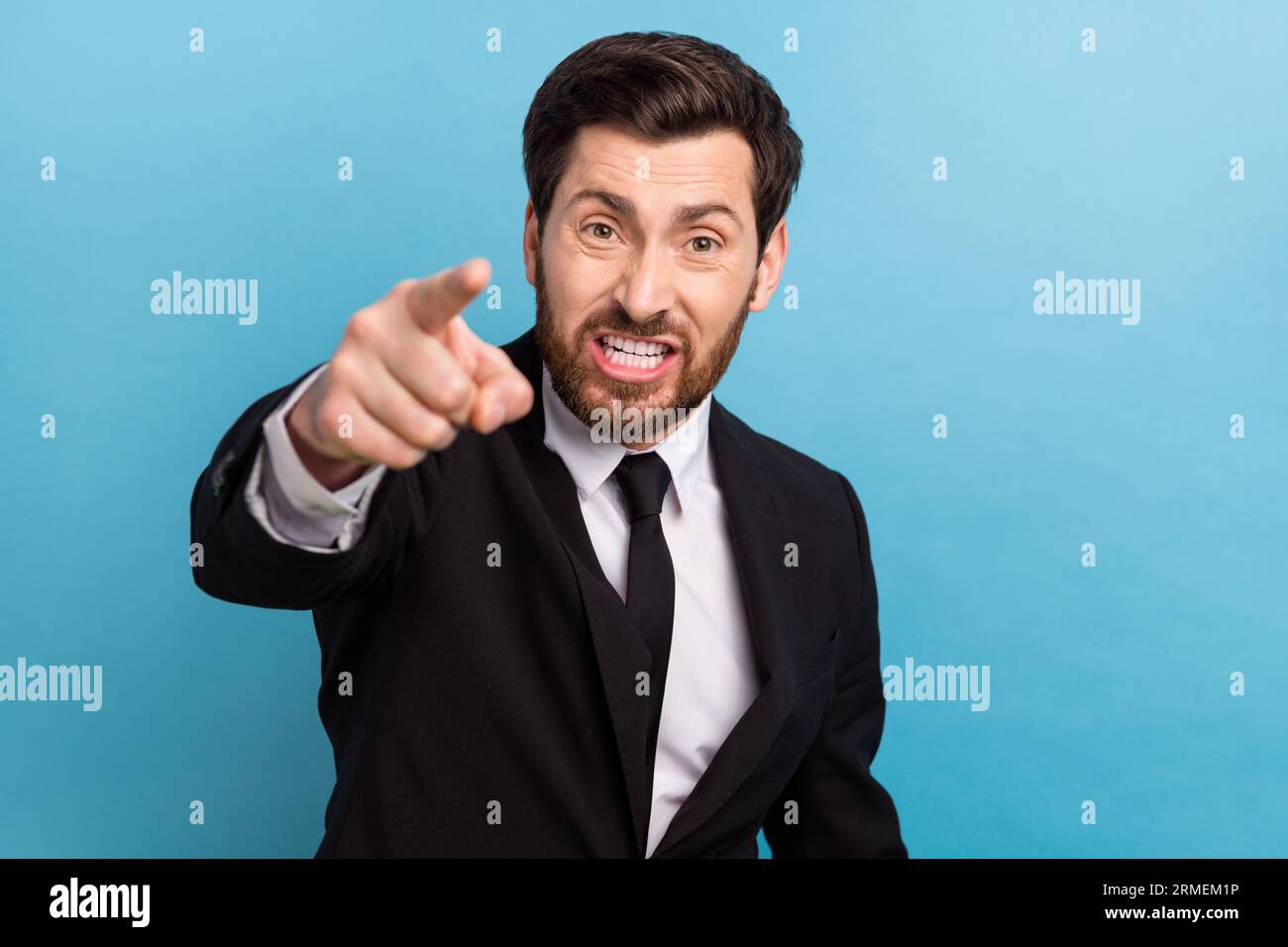 Photo of mad aggressive employer dressed black suit screaming employees ...