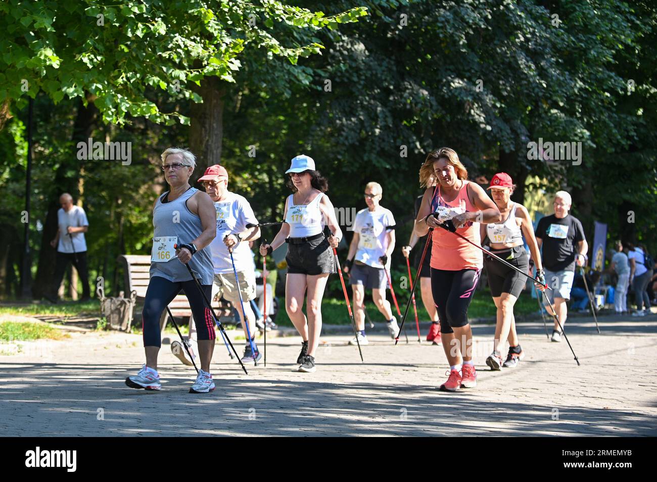 LVIV, UKRAINE - AUGUST 26, 2023 - Competitors partake in a 5km Nordic ...
