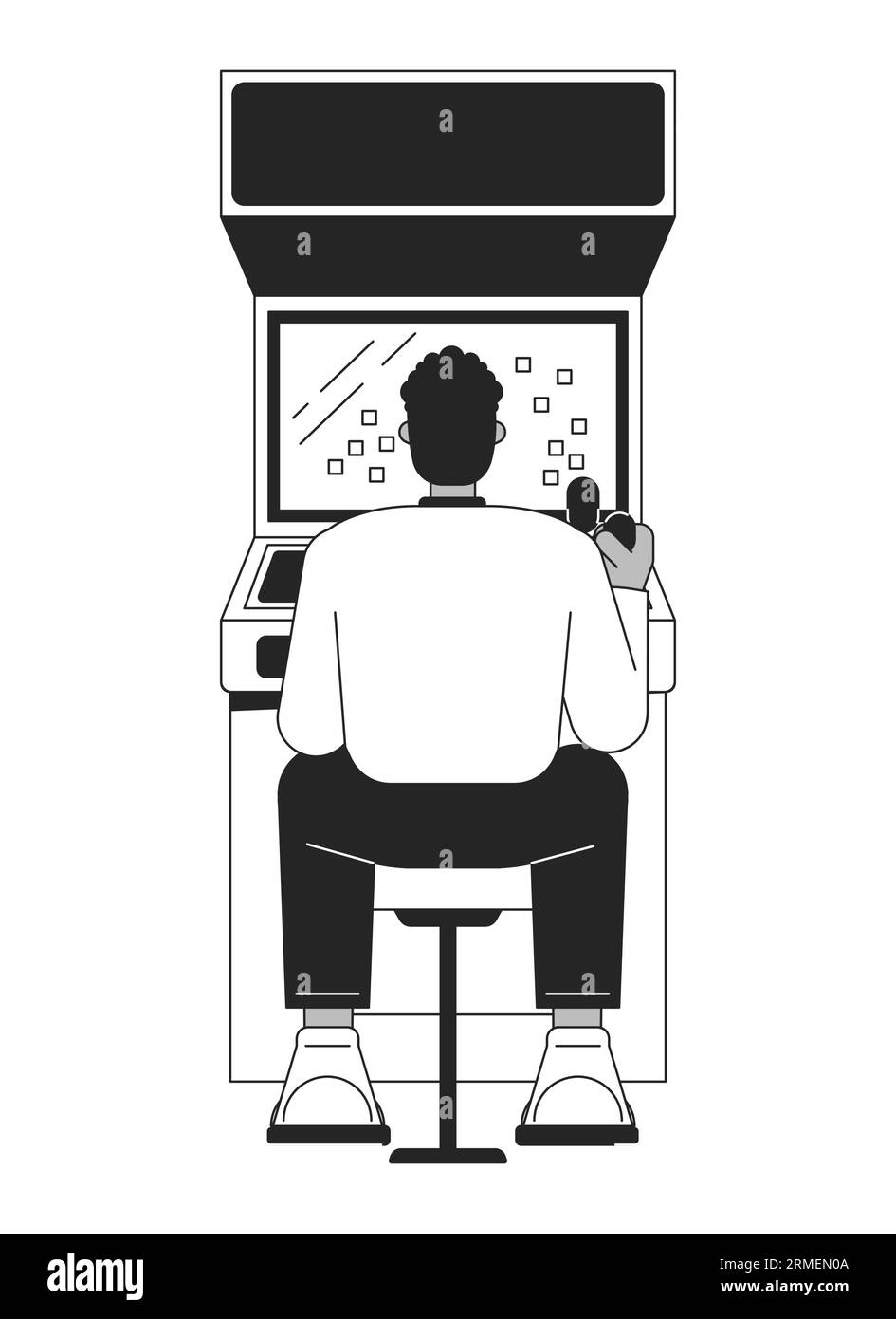 Man sitting and playing games flat line black white vector character ...