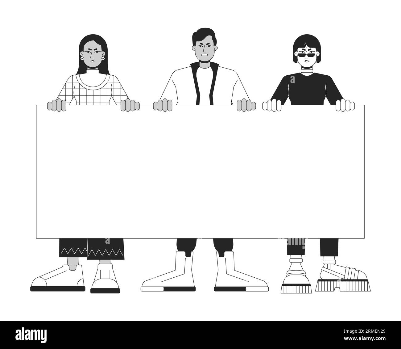 Multinational people holding blank poster flat line black white vector ...