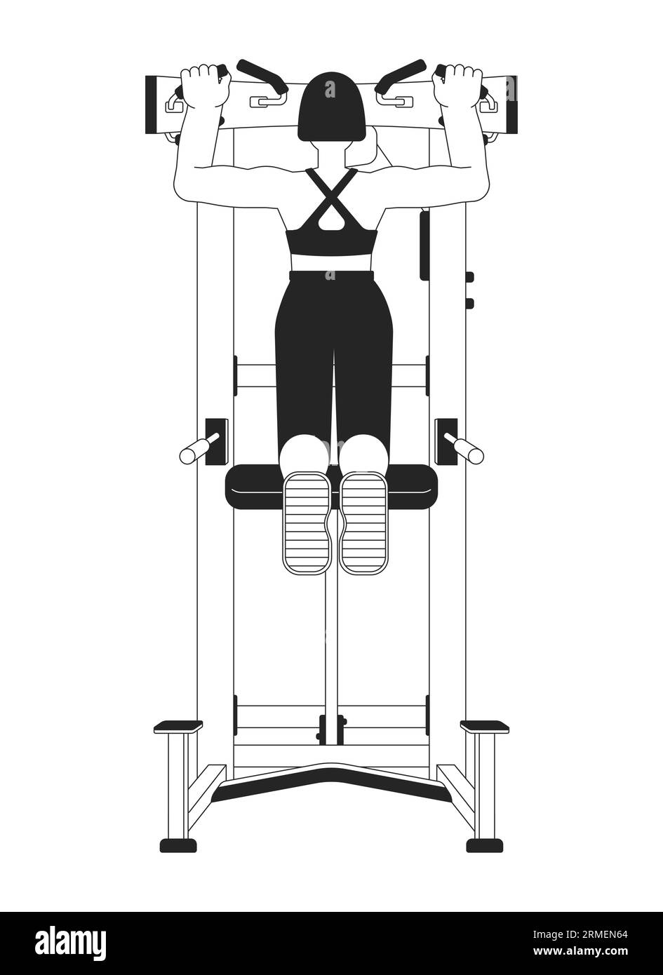 Woman pulling up on pullup machine flat line black white vector ...