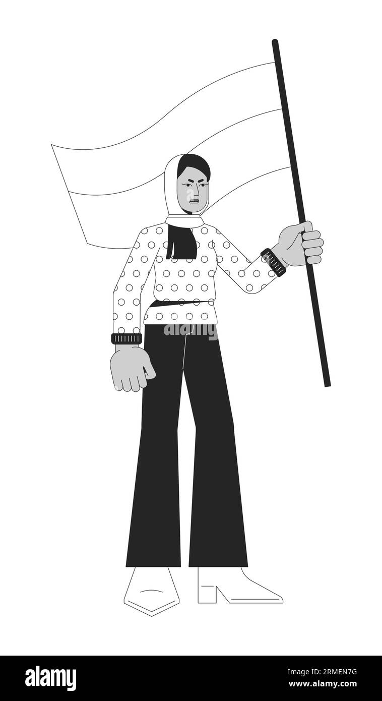Muslim woman holding flag flat line black white vector character Stock ...