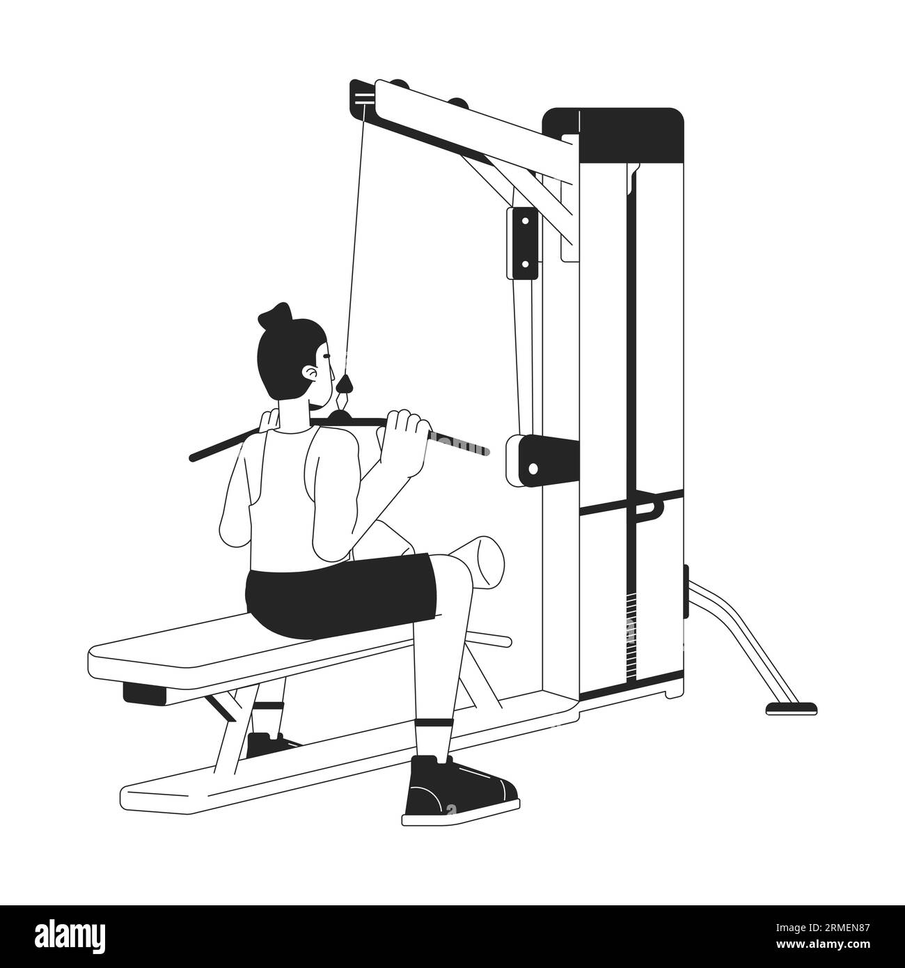 Man dragging bar down on lat pulldown machine flat line black white ...
