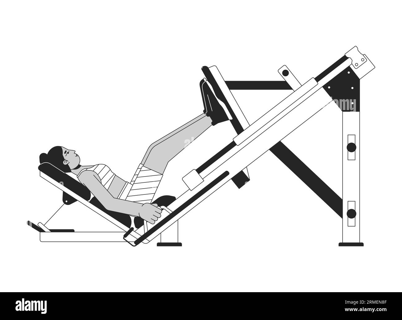 Woman extending legs on press machine flat line black white vector ...