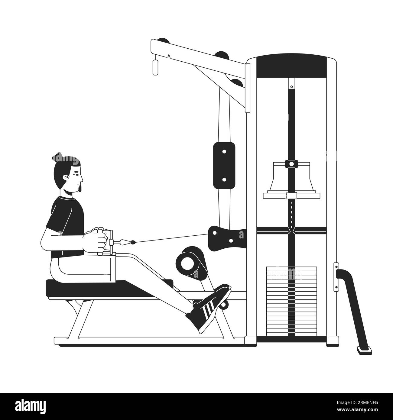Man stretching cable on seated row machine flat line black white vector ...