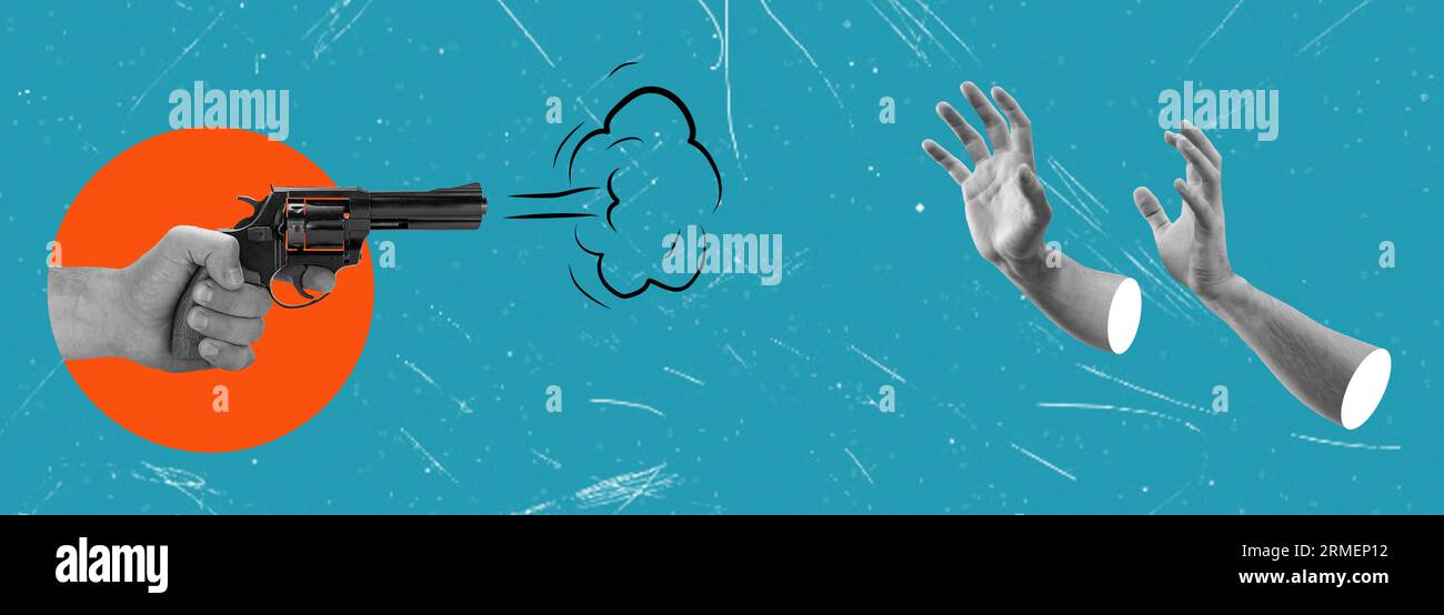 Art collage, modern design, hand with gun on blue background. Copying ...