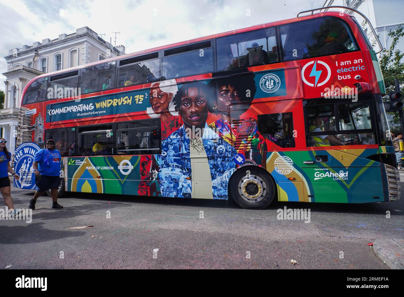 Notting Hill London UK. 28 August 2023 . The Windrush 75 bus celebrates ...