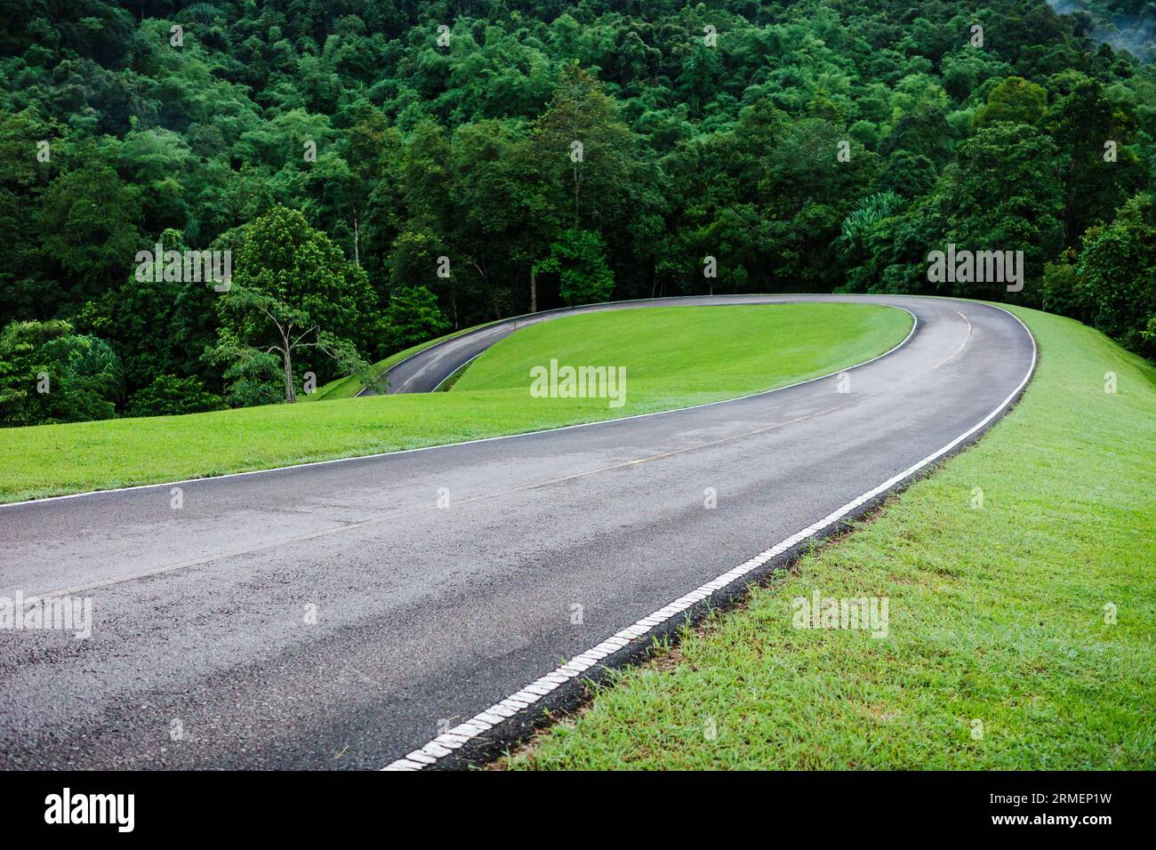 Local curved road on hill slope inside tropical rainforest, the wayside ...