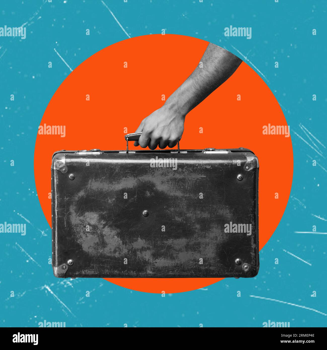 Travel, trip. Hands holding suitcase, in orange circle. Concept of ...
