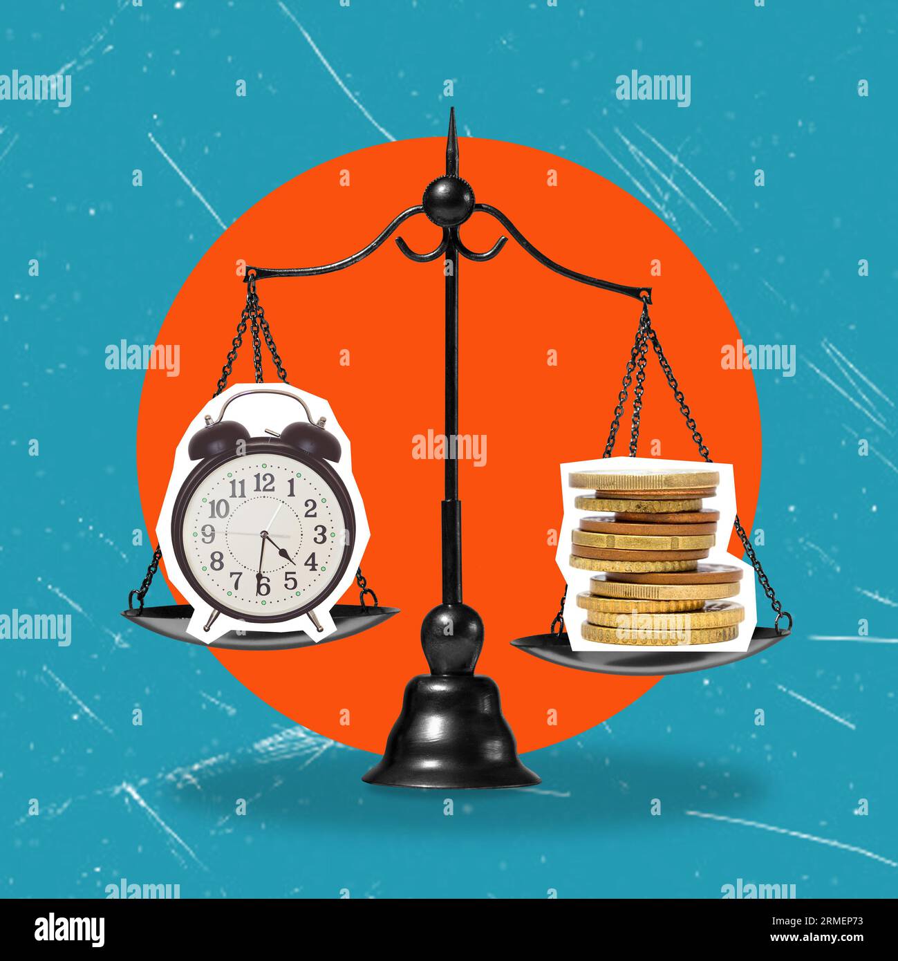 Art Collage, Scales on an Orange Background. On one side, money; on the ...