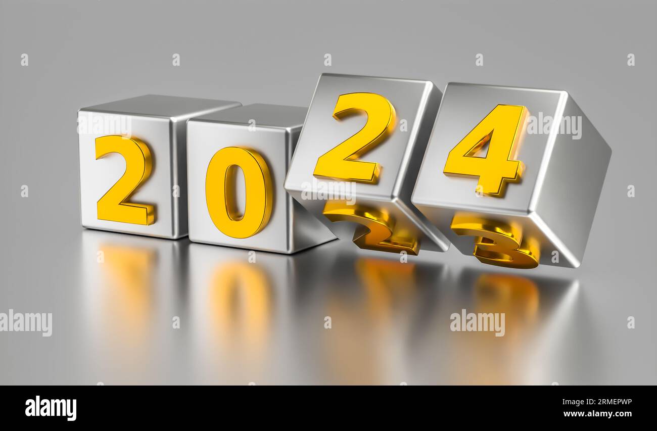 New year holiday concept. Cubes with number 2024 replace 2023. 3d ...