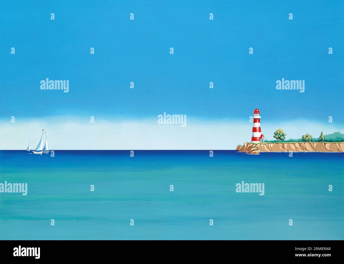 Illustrated Seascape with Lighthouse Stock Photo - Alamy
