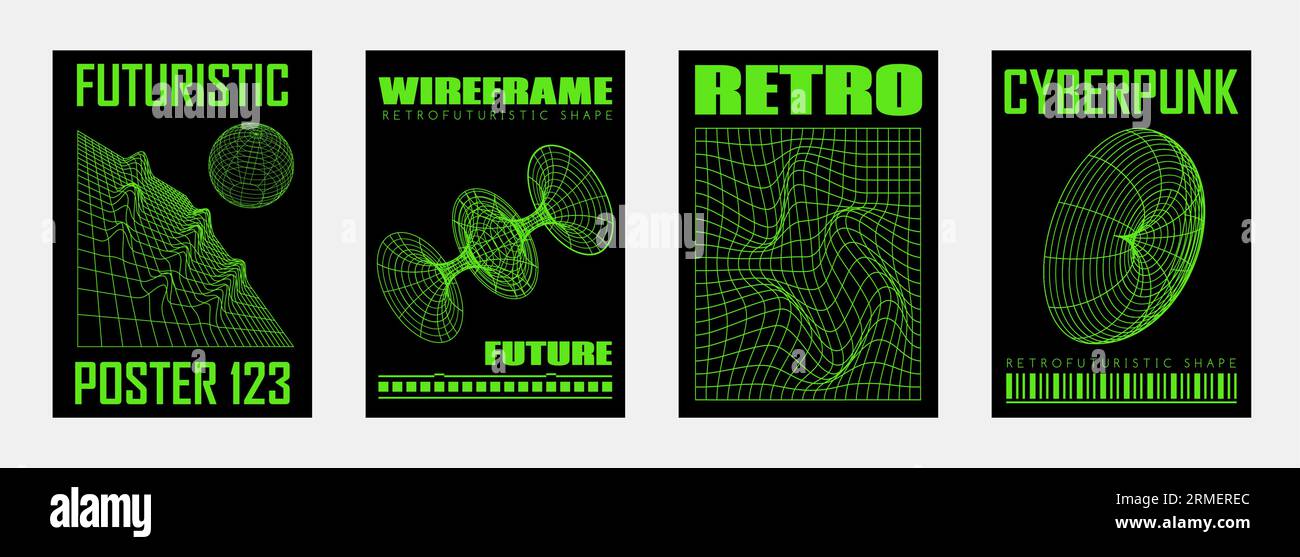 Abstract retro futuristic geometric y2k posters, wall art, t-shirt prints, banners. Wireframe 3d ...