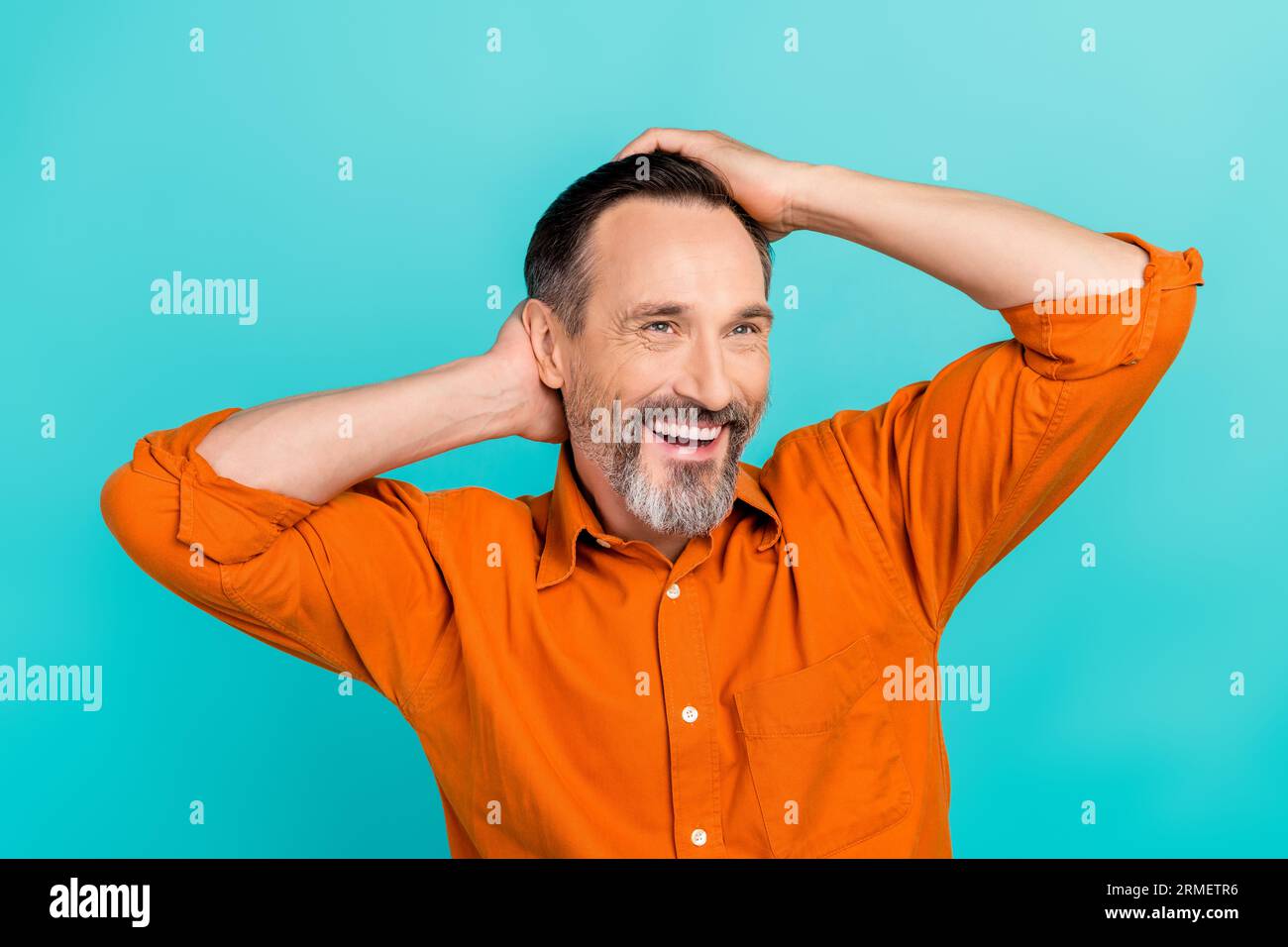 Photo of cool funny funky guy wear orange shirt arms head laughing ...