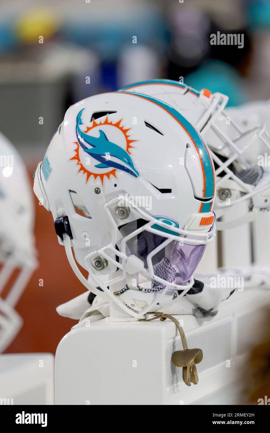 A Miami Dolphins helmet on the bench during a NFL football game at ...