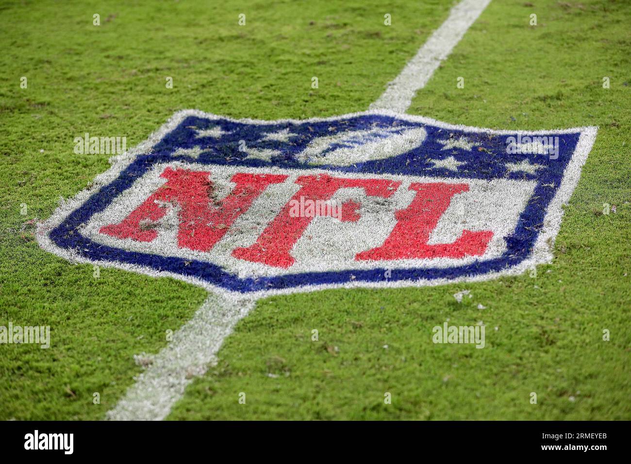 The NFL logo is painted on the turf during a NFL football game at ...