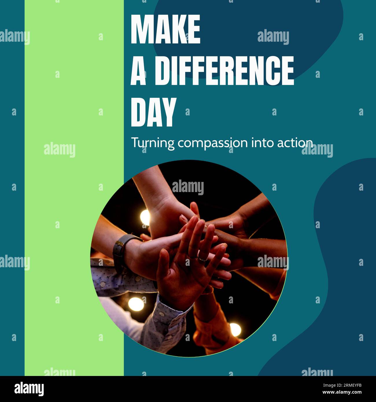 Composite of make a difference day text and cropped diverse people stacking hands, copy space ...