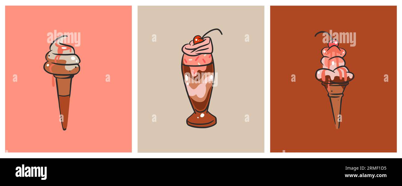 Hand drawn vector abstract cartoon ice creram cone,sundae line art ...