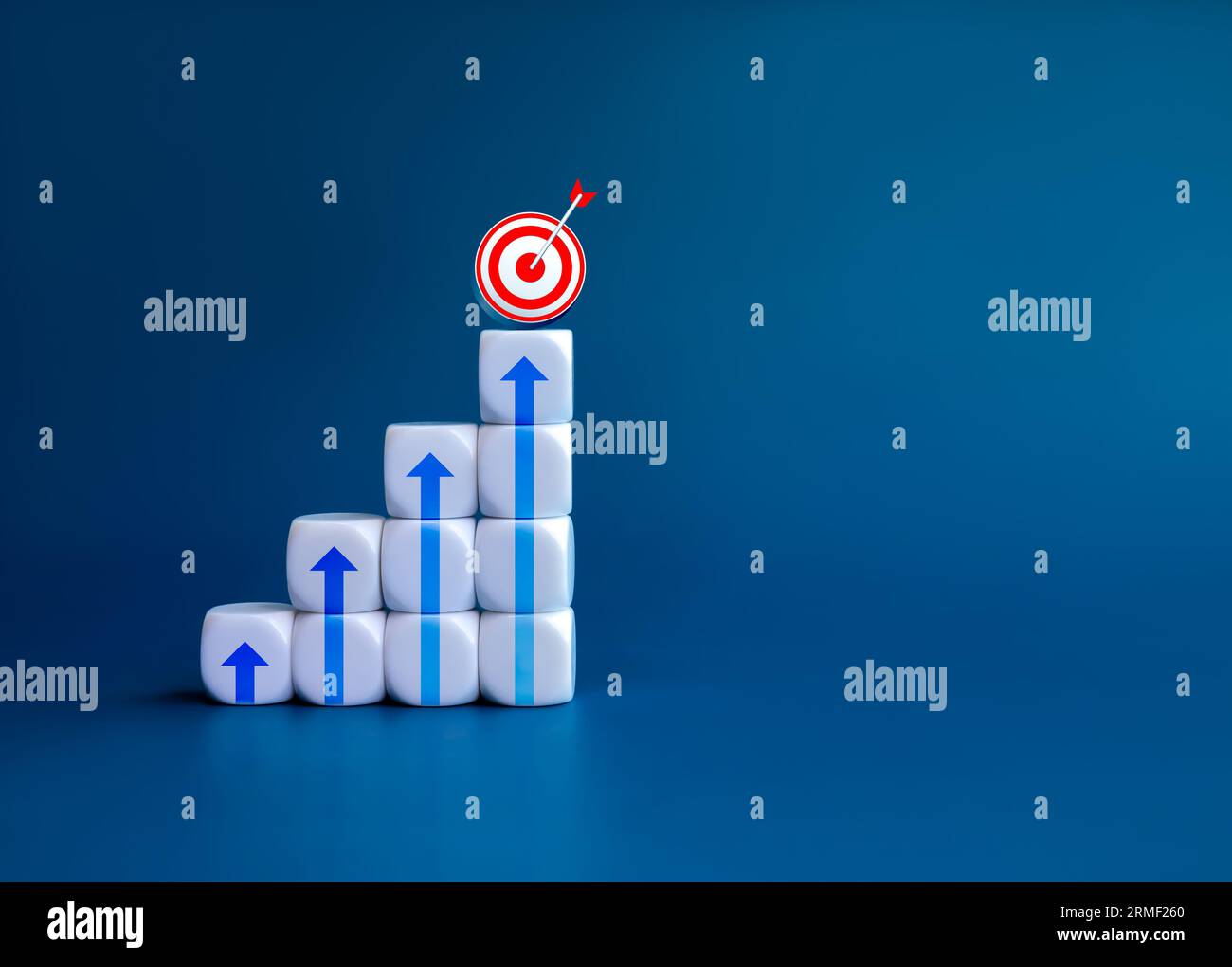 3d Goal target icon and arrows on white blocks as business chart steps ...