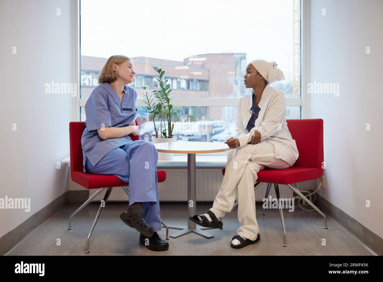Female doctors sitting in hospital and talking to each other Stock ...